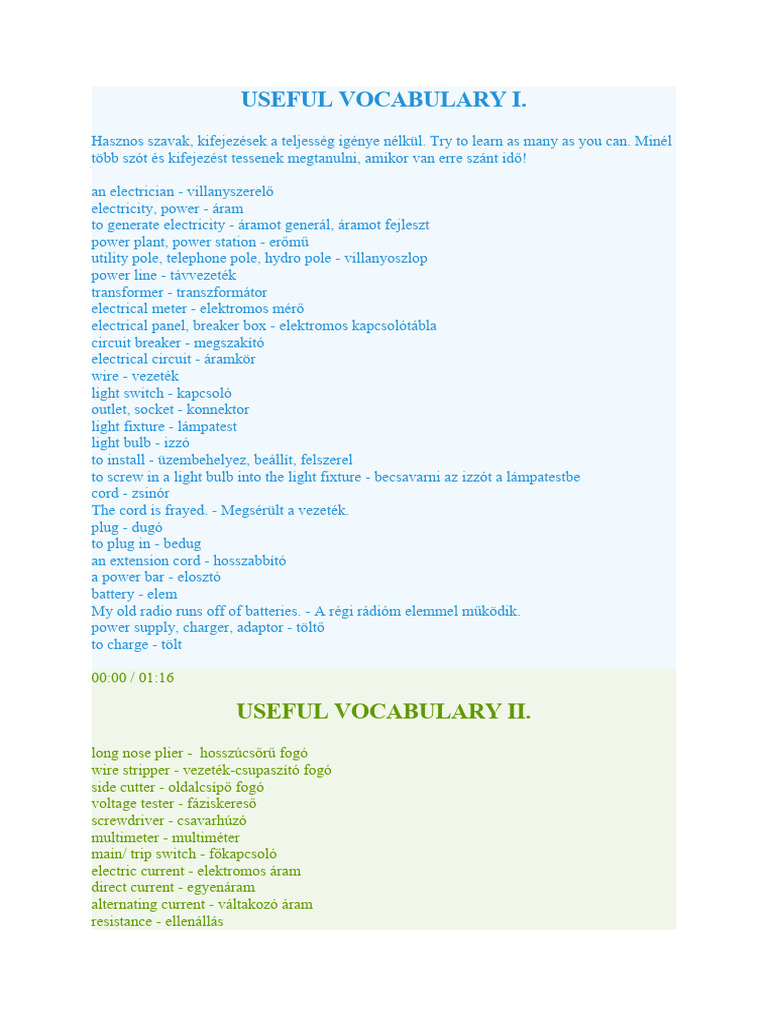 Useful Vocabulary For Electricians Hun-Eng | PDF