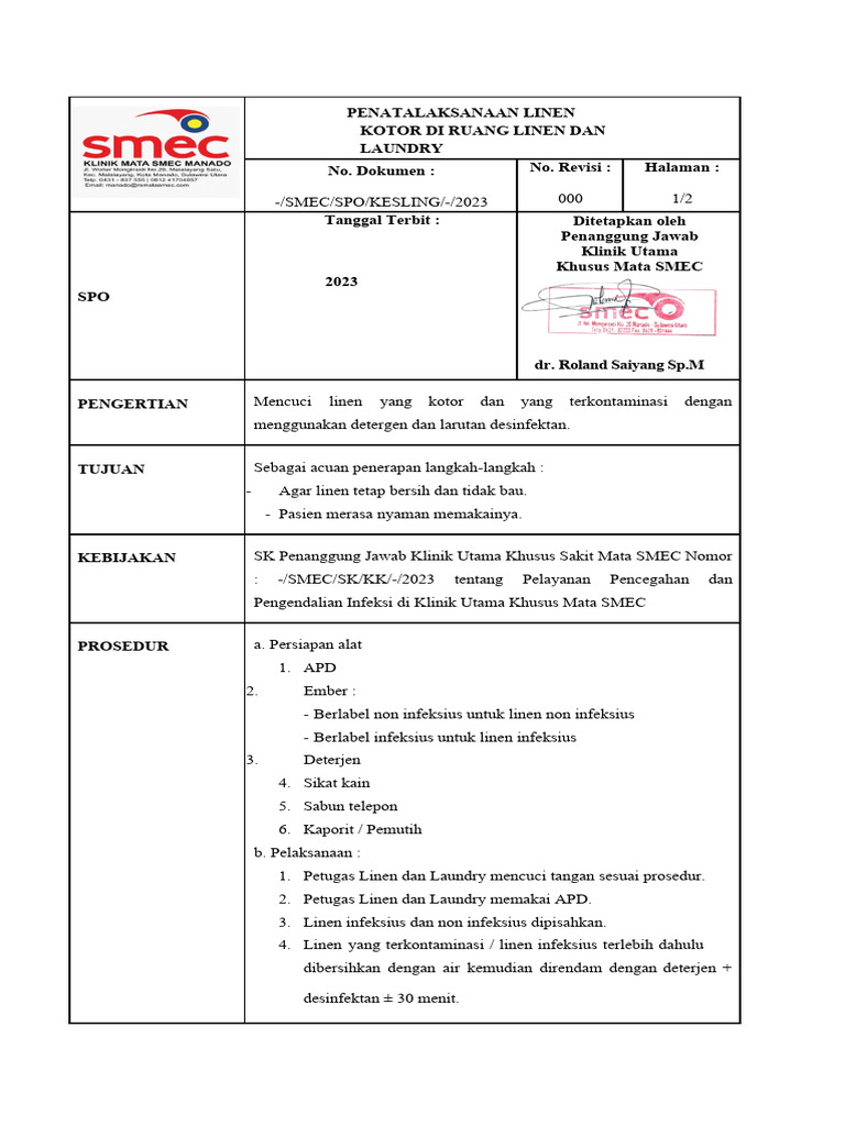 SPO Penatalaksanaan Linen Kotor Di Ruang Linen Dan Laundry | PDF ...
