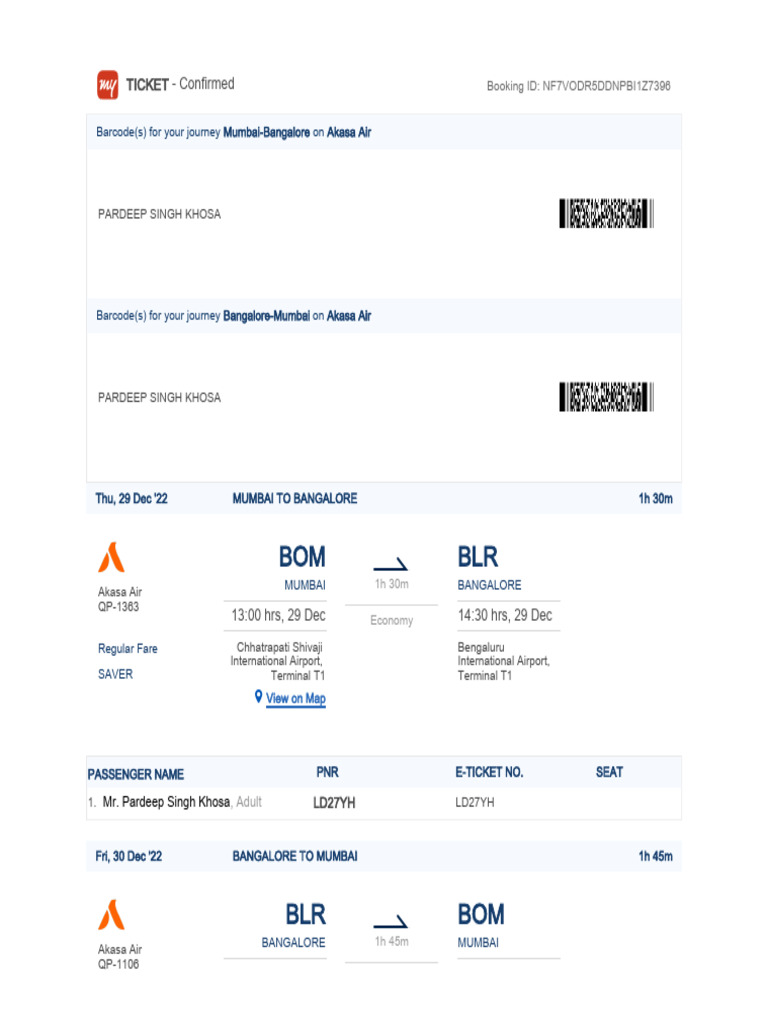 BOM BLR: TICKET - Confirmed | PDF | Identity Document | Airport