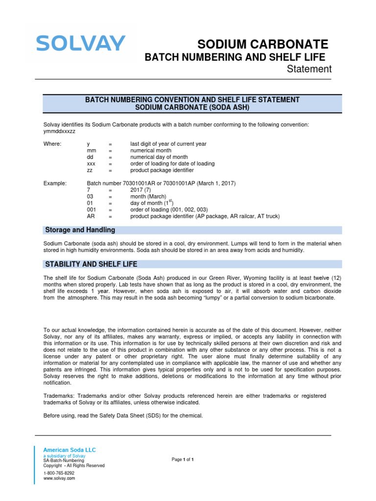 Soda Ash Batch Numbering and Shelf Life Statement - Green River - US ...