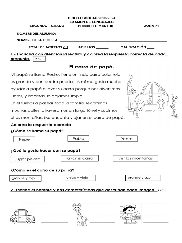 Examen de Lenguaje 2° Grado 2023-2024 | PDF