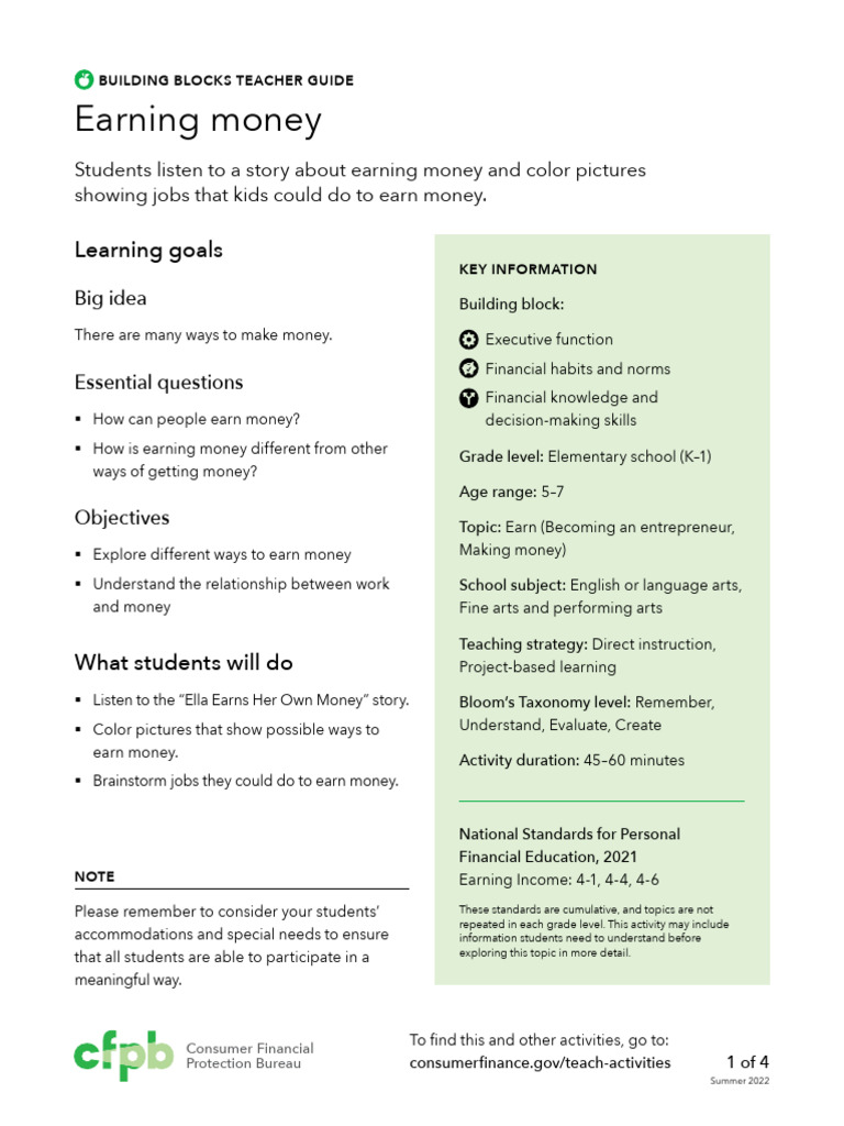CFPB Building Block Activities Earning-Money Guide | PDF | Cognition ...
