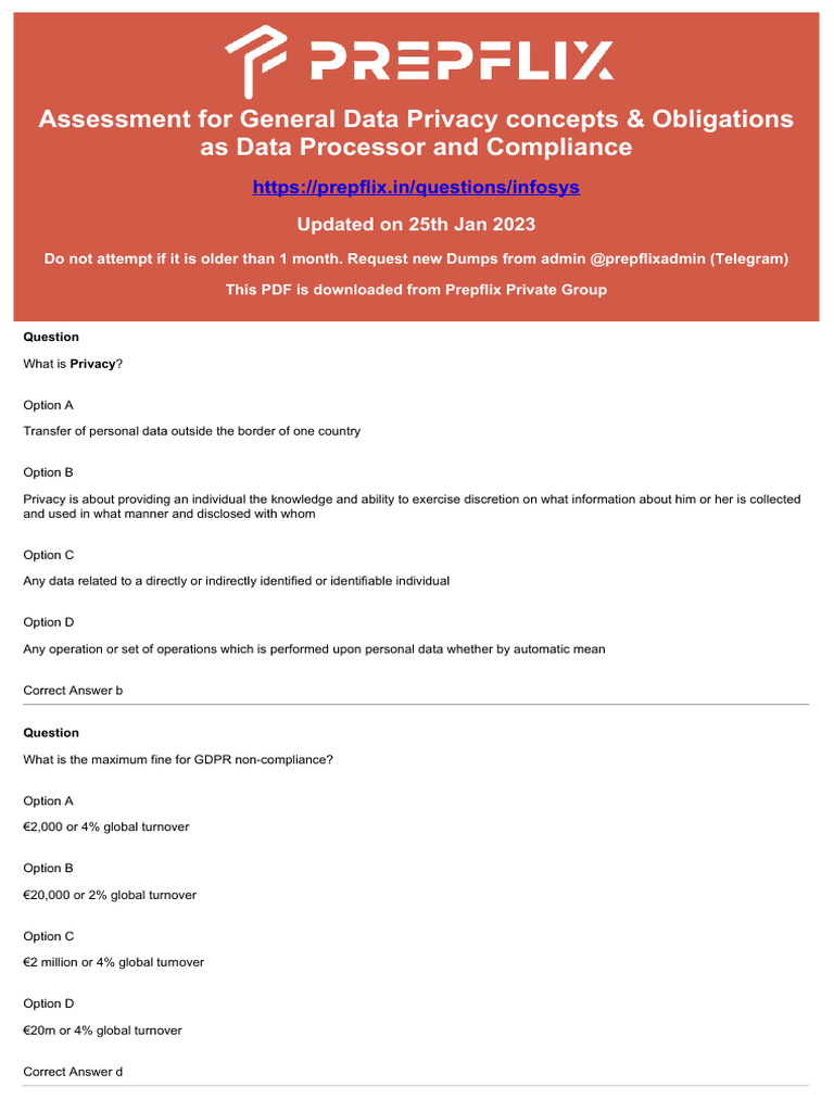 Assessment For General Data Privacy Concepts & Obligations As Data ...