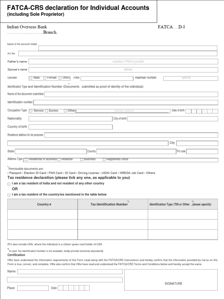 FATCA Declaration For All Accounts D1 | PDF | Identity Document ...