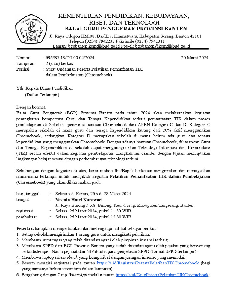 Surat Undangan Peserta Pelatihan Pemanfaatan TIK Dalam Pembelajaran (Chromebook) | PDF