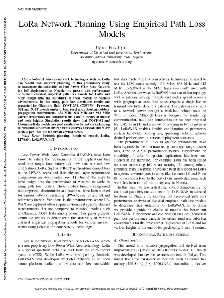 LoRa Network Planning Using Empirical Path Loss Models | PDF | Telecommunications | Data ...
