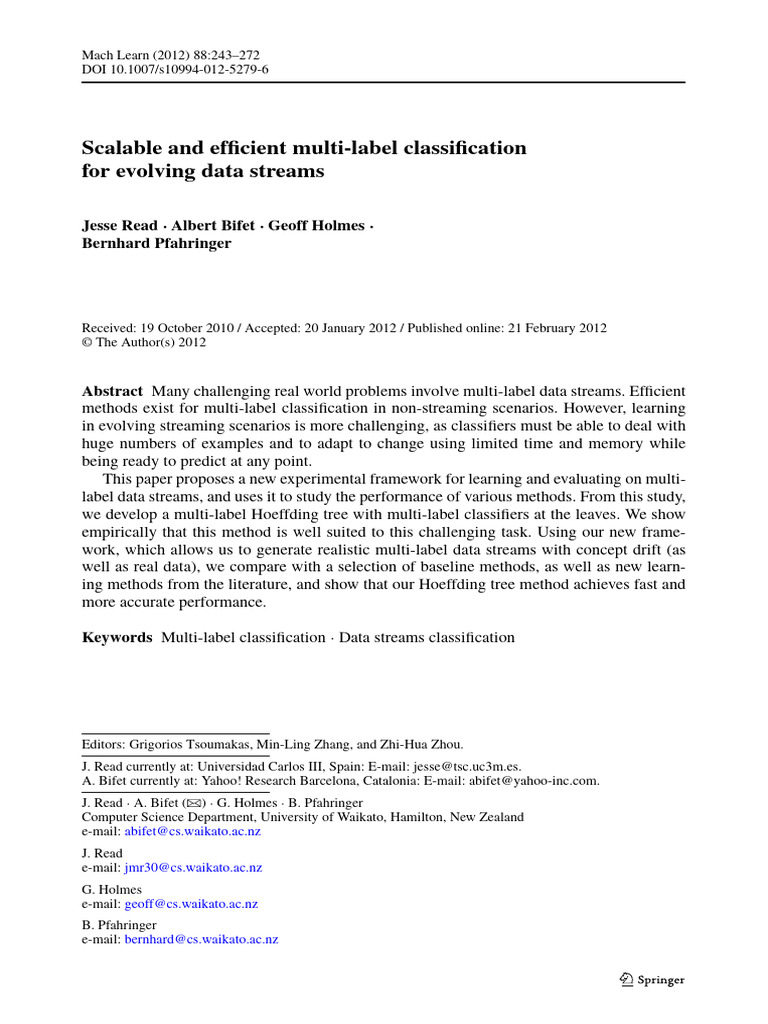 Scalable and Efficient Multi-Label Classification For Evolving Data Streams | PDF | Statistical ...