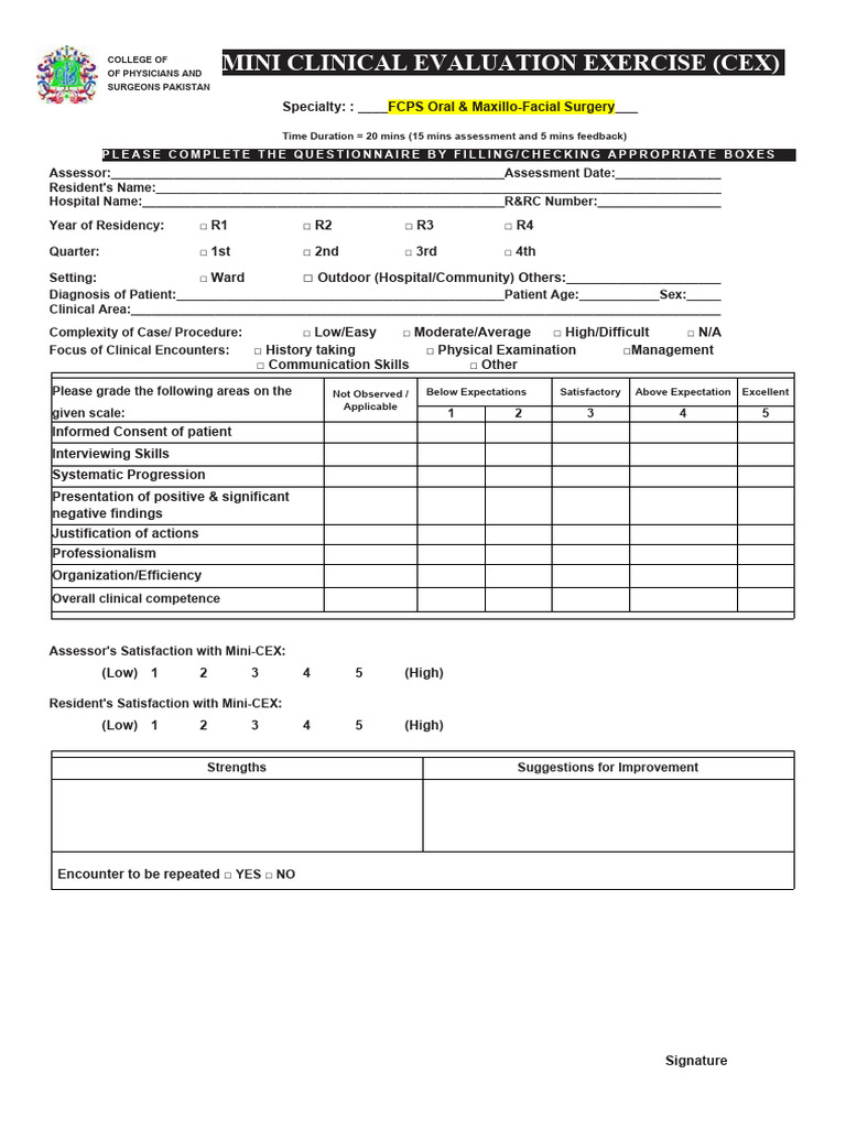 Finalized Mini-CEX Form (FCPS OMFS) (Generic Form Finalzd On 21-Dec-21) | PDF | Residency ...
