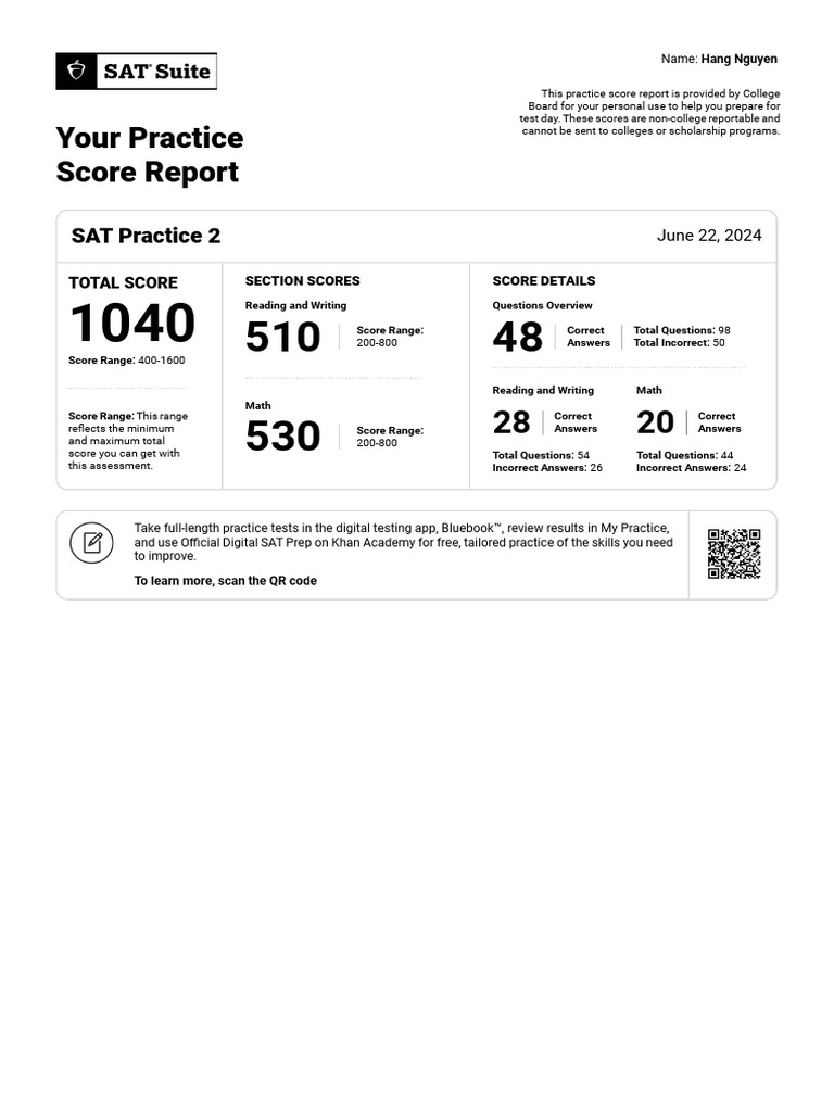 Hnguyen Sat Practice 2 06222024 | PDF | Sat | Tests