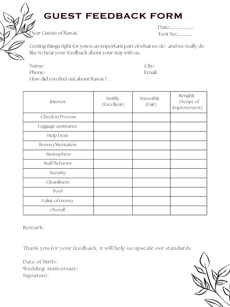 Guest Feedback Form for Rawai Resort | PDF