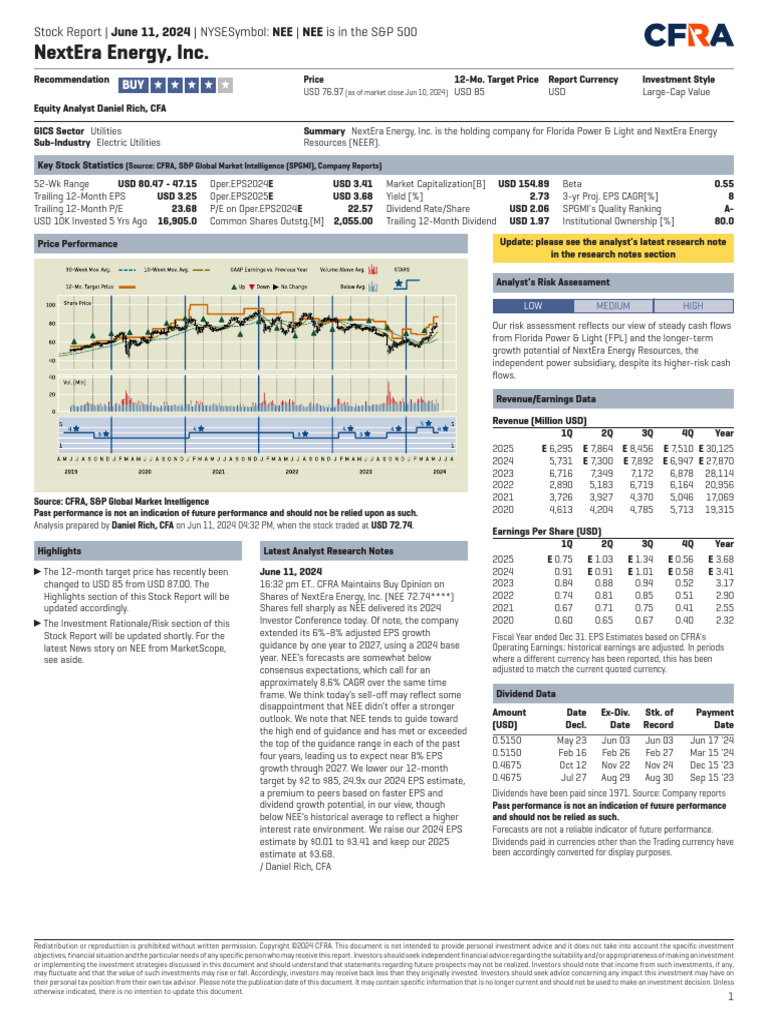 NEE CFRAStockReport 06142024 | PDF | Expense | Economies