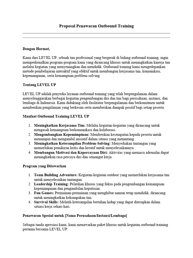 Proposal Penawaran Outbound Training LEVEL UP | PDF | Karier & Perkembangan