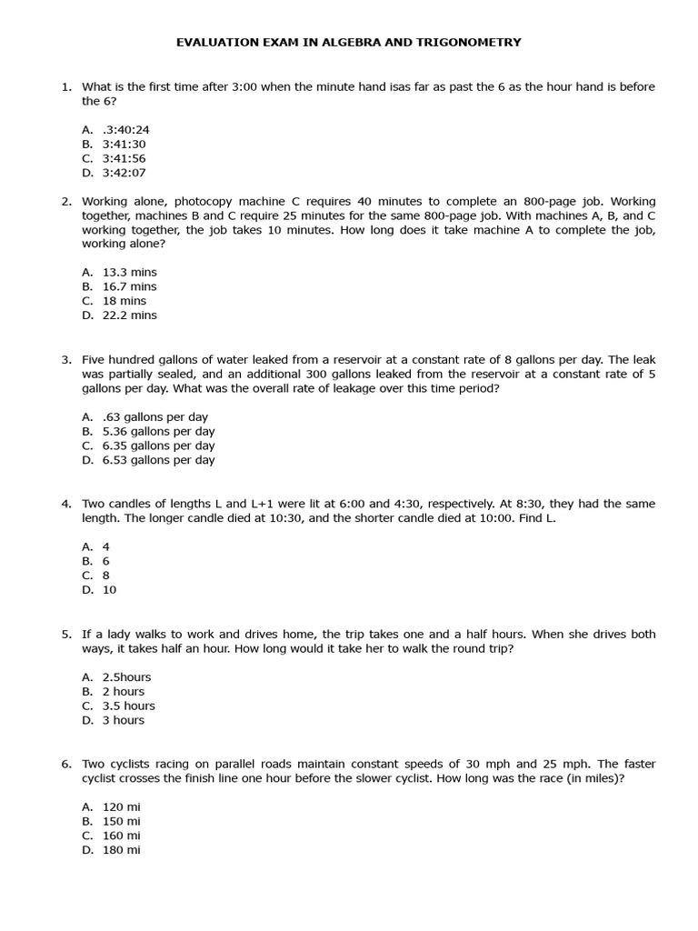 Evaluation Exam in Algebra and Trigonometry | PDF | Triangle ...
