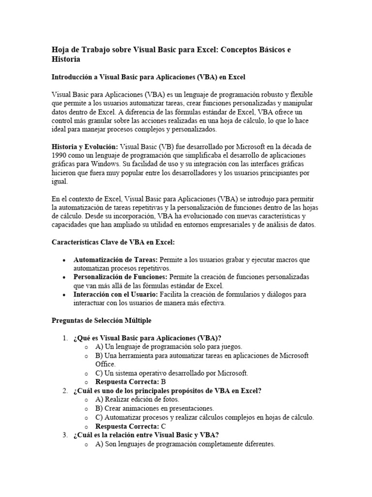 Hoja de Trabajo Sobre Visual Basic para Excel - 5to Bach | PDF | Microsoft Excel | Visual Basic ...