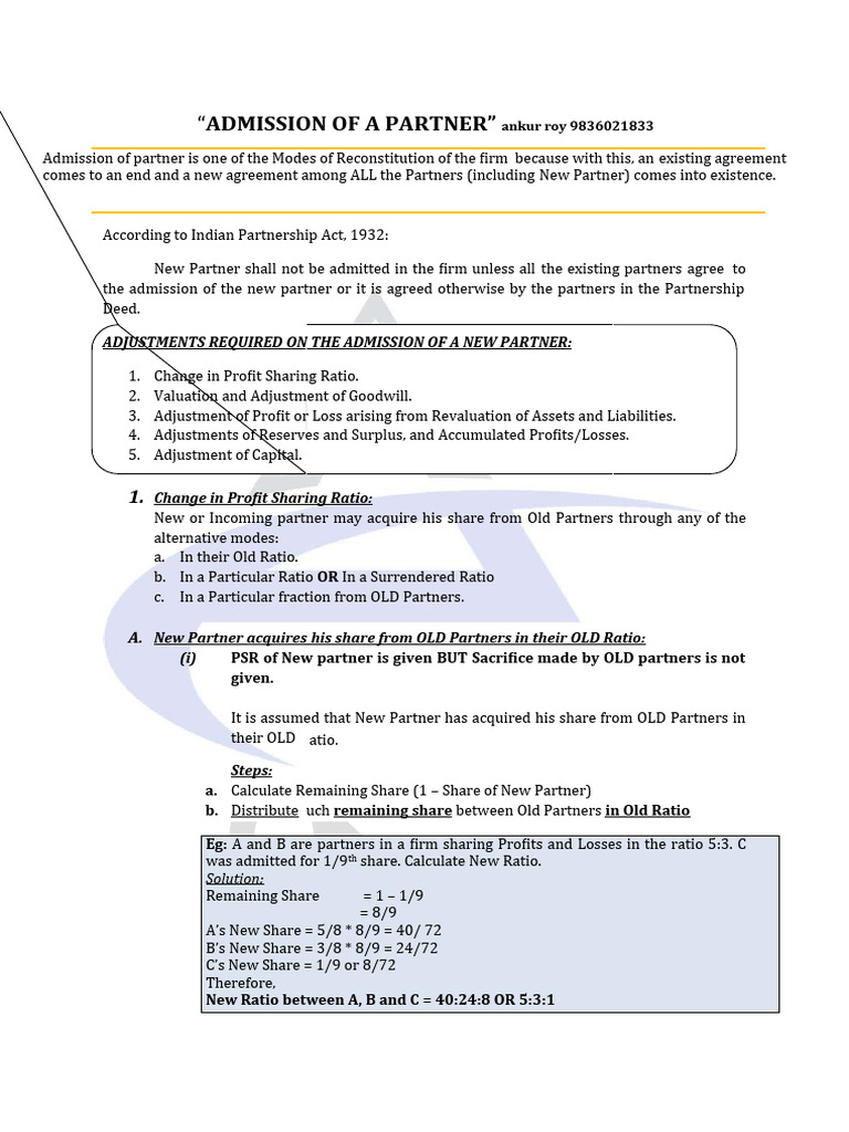 ADMISSION OF A PARTNER Notes Ankur Roy | PDF | Bad Debt | Goodwill ...