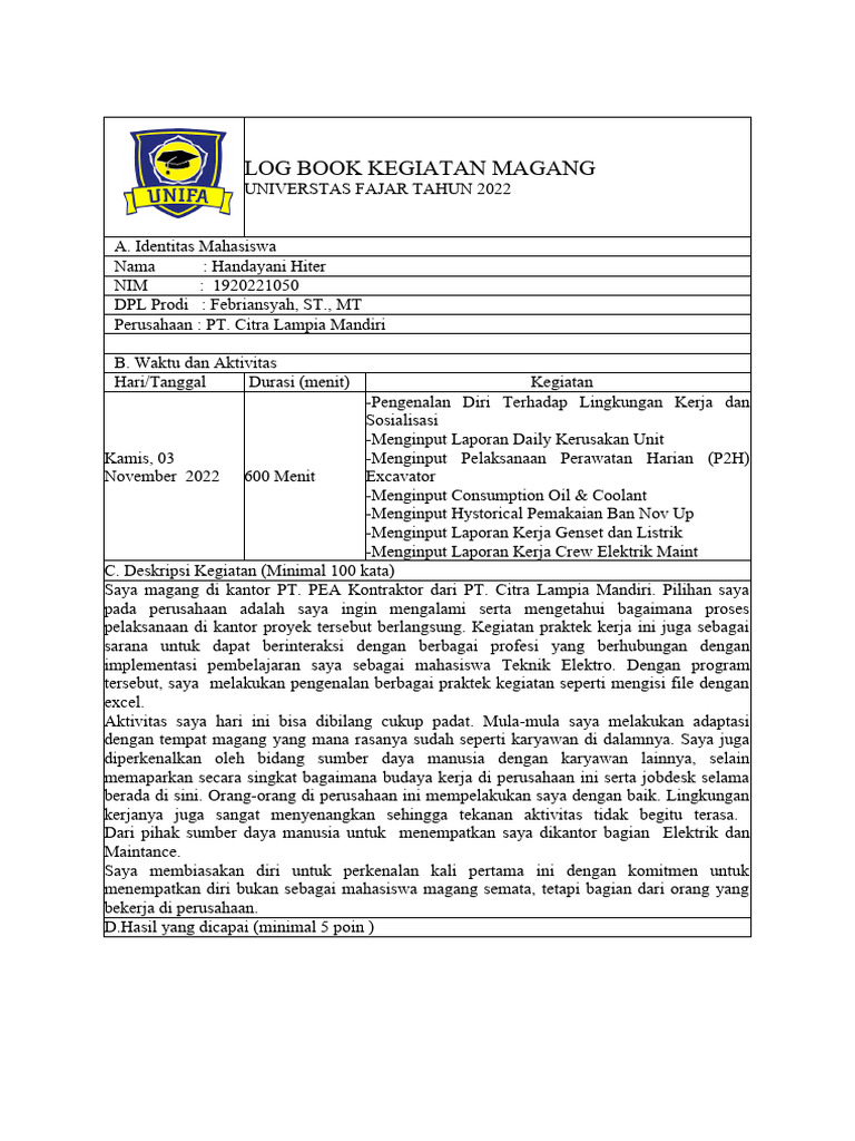 Log Book Kegiatan Magang | PDF