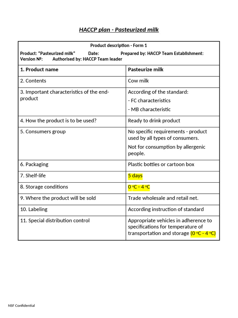 HACCP Plan for Pasteurized Milk | PDF | Milk | Laboratories