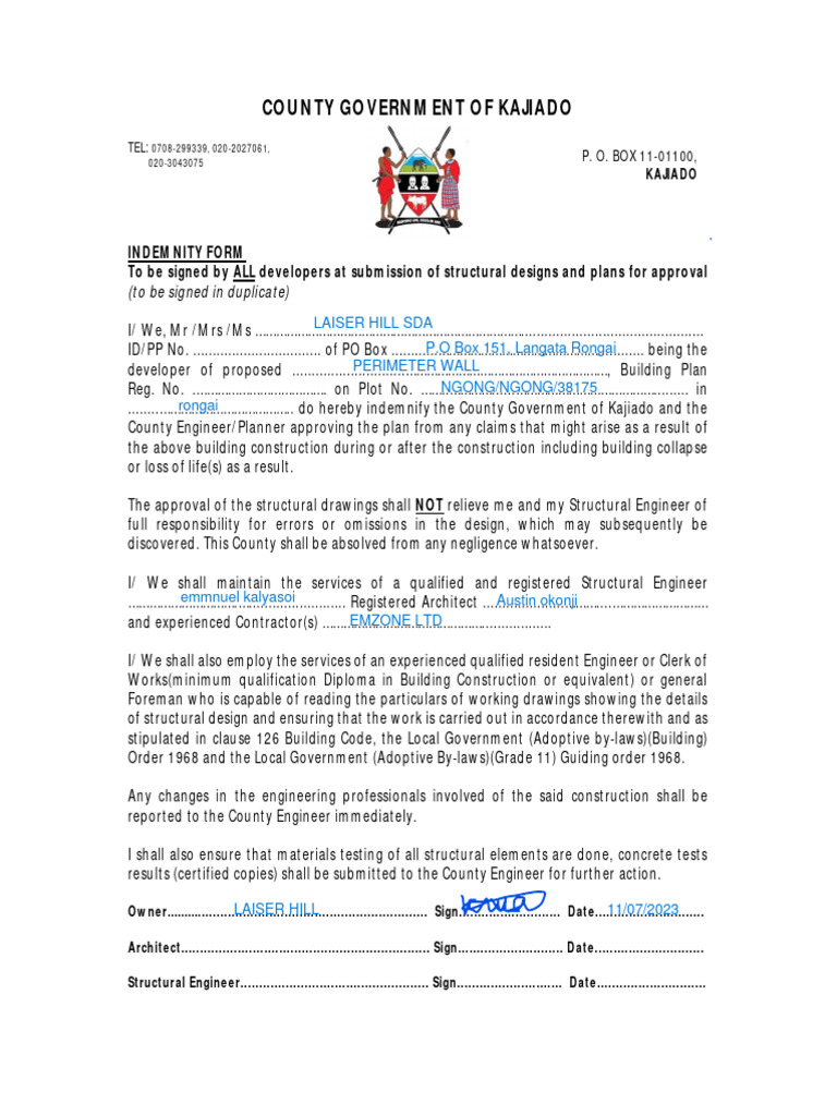 Kajiado Indemnity Form | PDF | Indemnity | Engineering