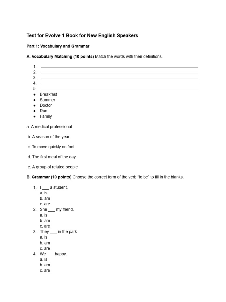 Evolve 1 Test for New English Learners | PDF | Language Arts & Discipline
