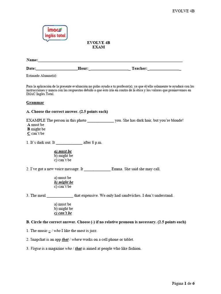 Exam EVOLVE 4B Answer Key | PDF | Volunteering | Verb