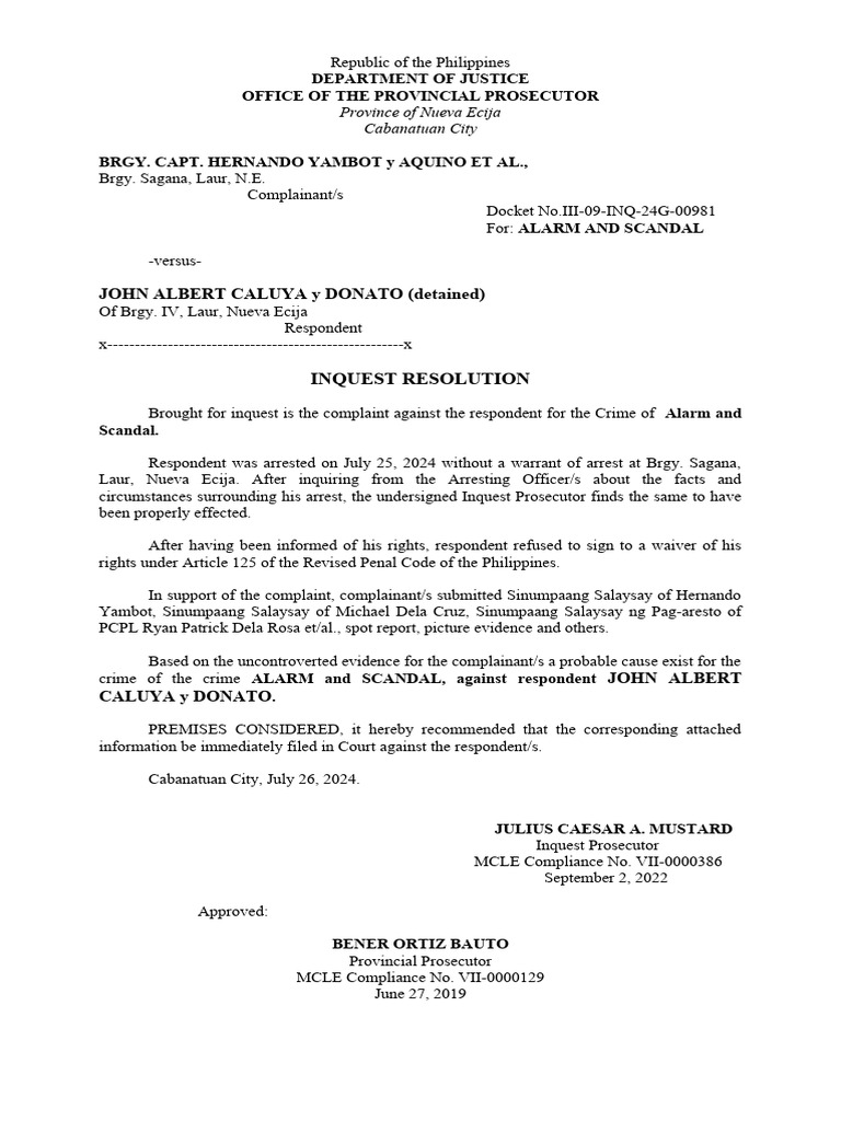 Inquest Resolution: Alarm and Scandal Case | PDF | Prosecutor | Crimes