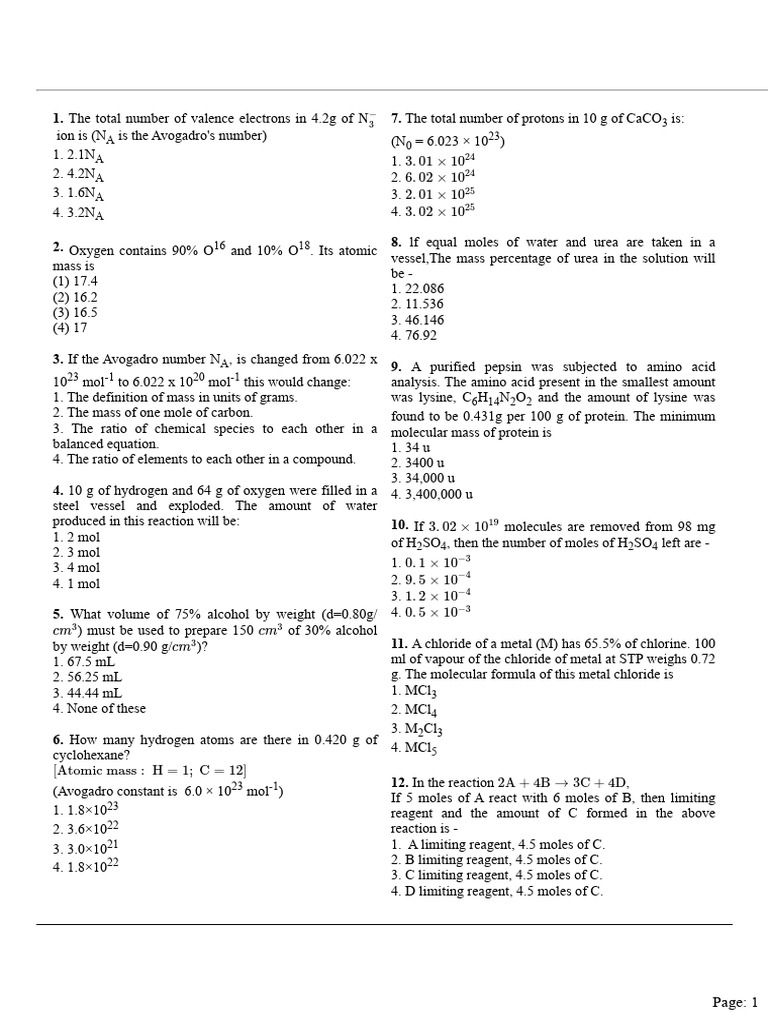 Mole Concept DPP | PDF | Mole (Unit) | Physical Chemistry