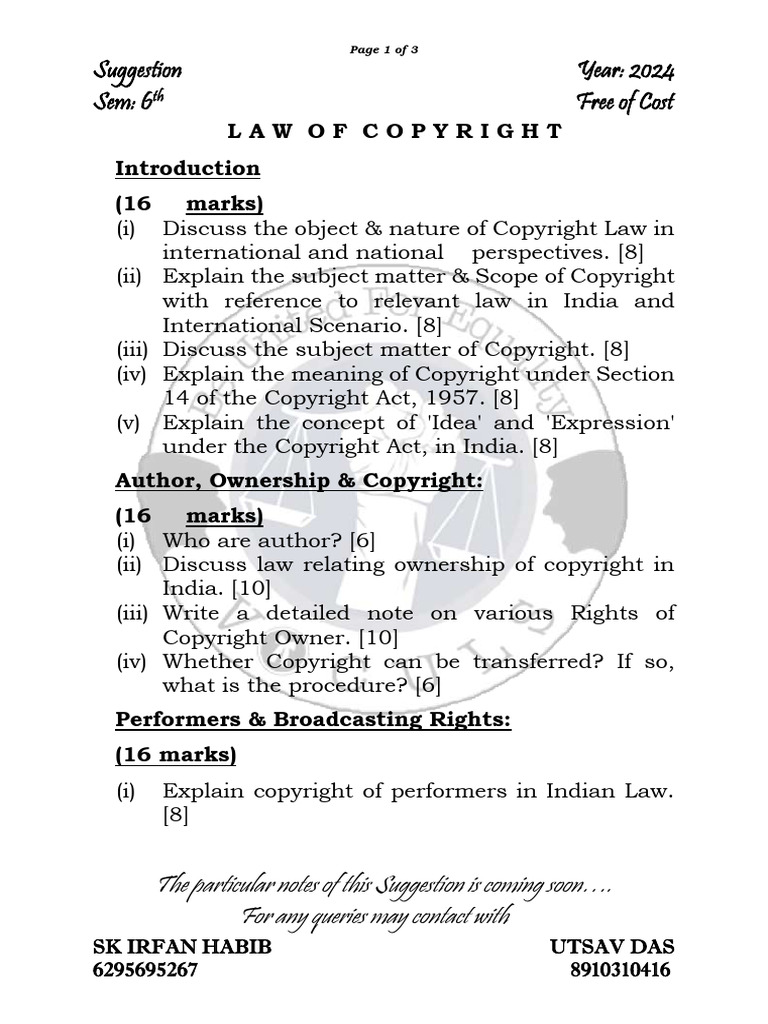 Suggestion 2024, Law of Copy Right | PDF | Copyright | Copyright Act Of ...