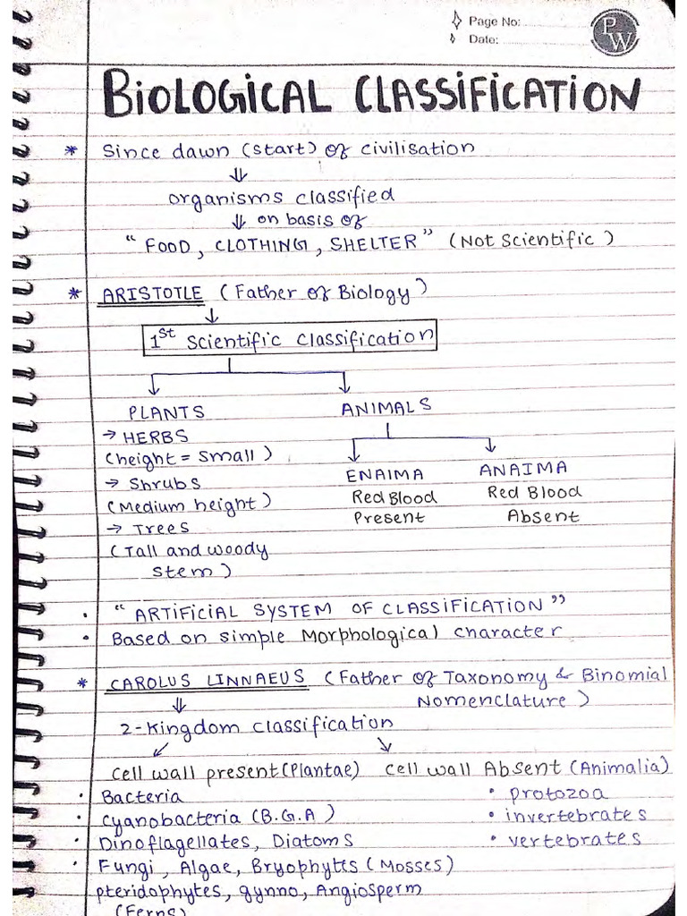 Biological Classification - Handwritten Notes - Yakeen 2.0 2024 (Alpha ...