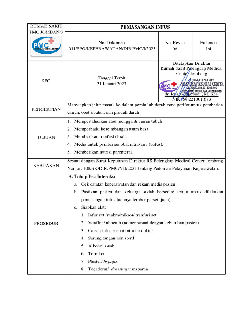 SPO PEMASANGAN INFUS Revisi | PDF | Sains & Matematika