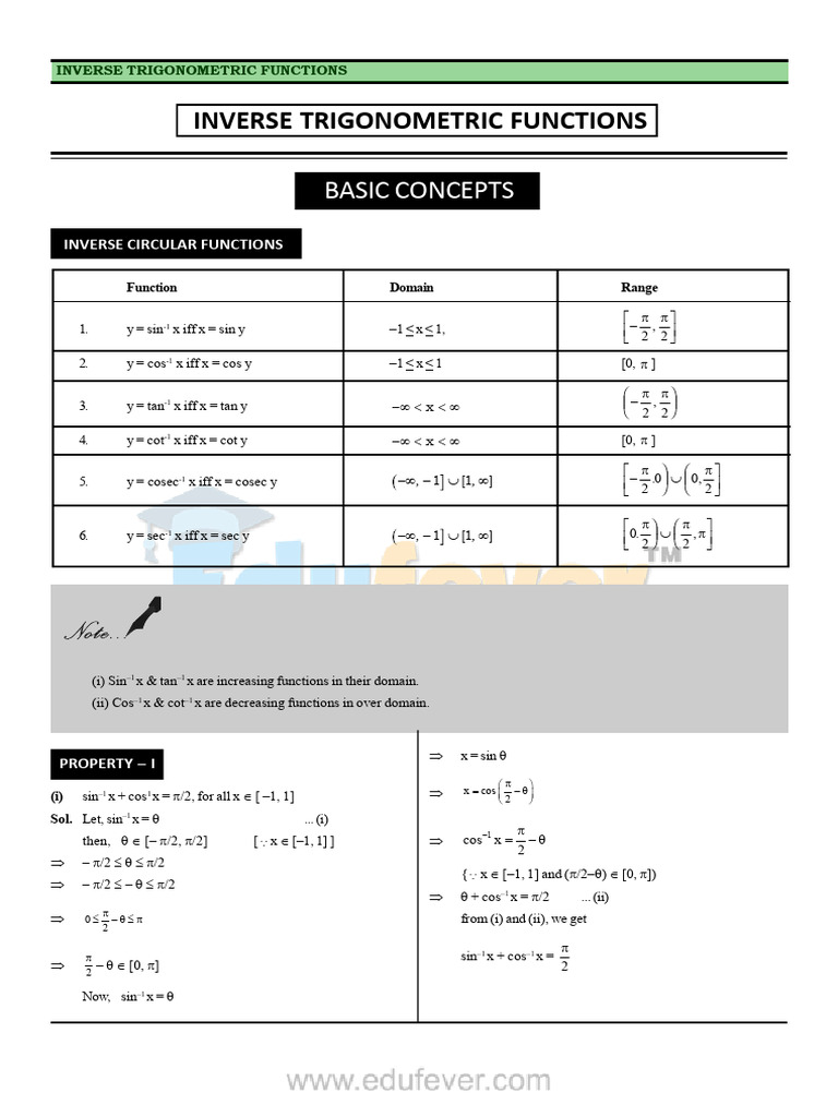 Chapter 2 - Inverse Trigonometric Functions Revision Notes | PDF ...
