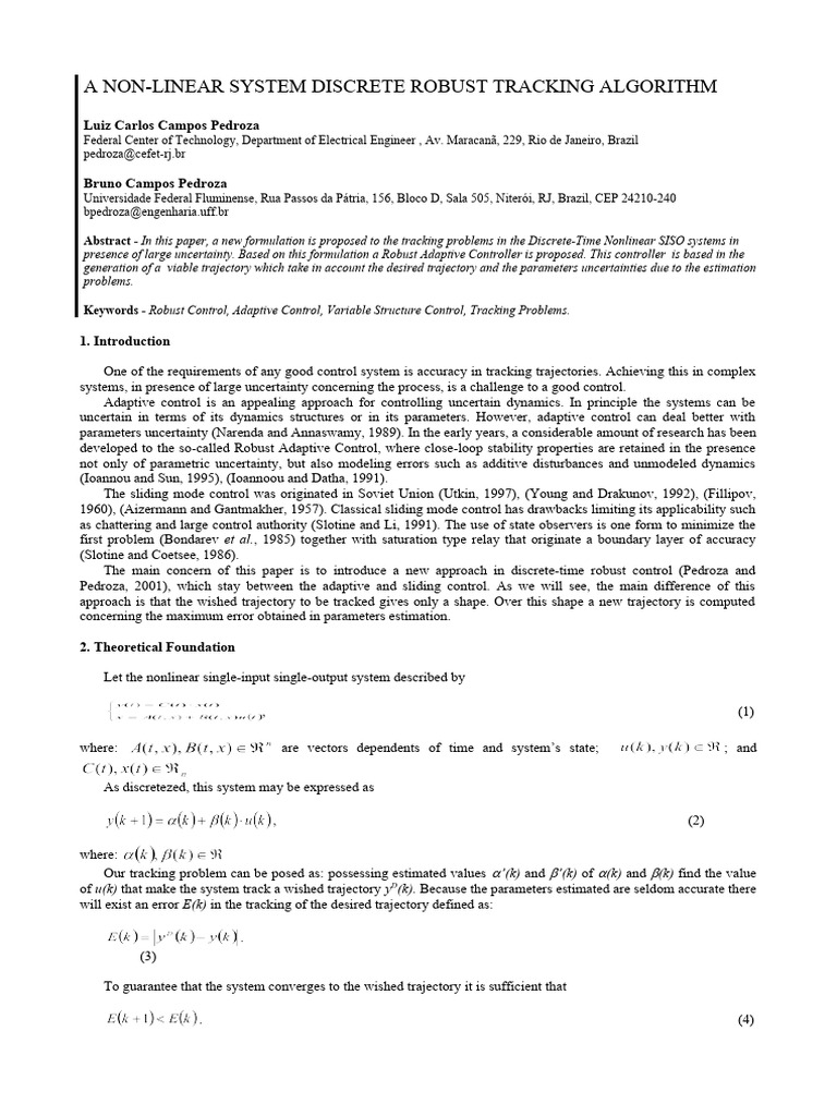 A Non Linear Systems Discrete Robust Tracking Algorithm Download Free Pdf Applied