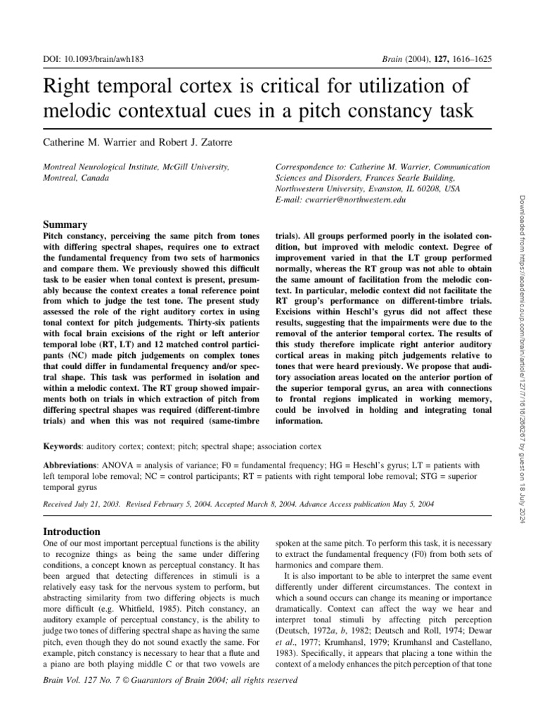 Right Temporal Cortex Is Critical For Utilization of Melodic Contextual ...