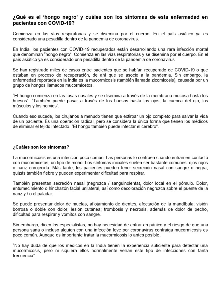 Hongo negro: síntomas y riesgos en COVID-19 | PDF | Causas de la muerte ...