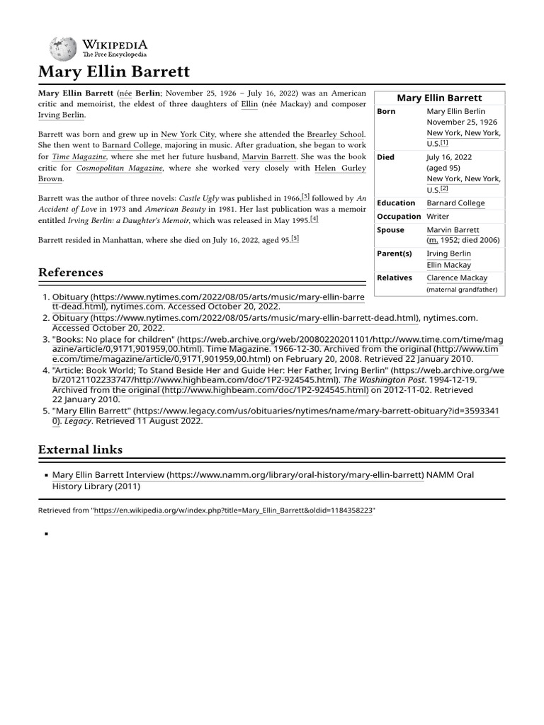 Mary Ellin Barrett - Wikipedia | PDF | American Literature | American Writers