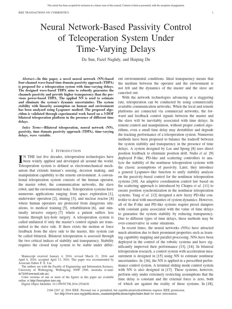 Neural Network-Based Passivity Control of Teleoperation System Under Time-Varying Delays | PDF ...