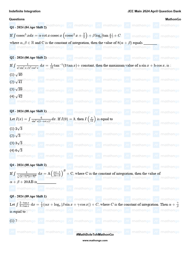 Indefinite Integration - JEE Main 2024 April Question Bank - MathonGo | PDF | Mathematical ...