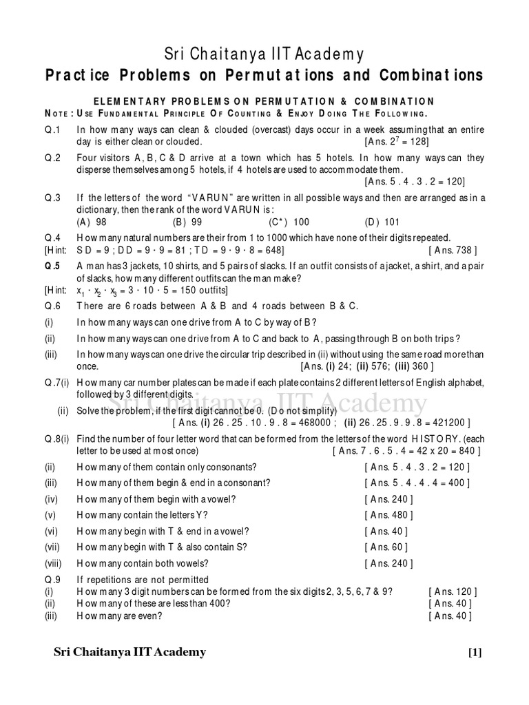 Permutations and Combinations Practice Problems | PDF | Teaching ...