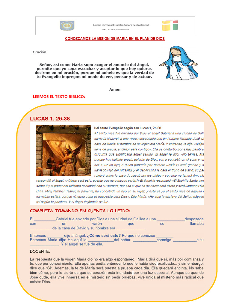 FICHA N 8J 6 Grados MISION DE MARIA EN EL PLAN DE DIOS | PDF | María ...