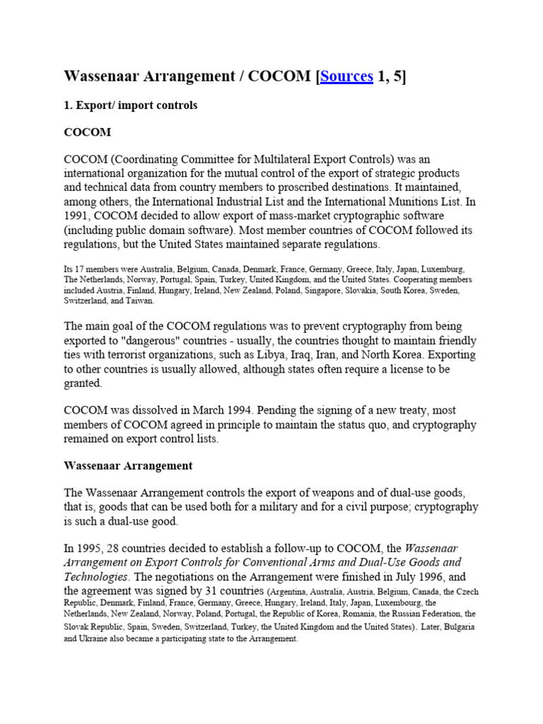 Export Controls: COCOM & Wassenaar | PDF