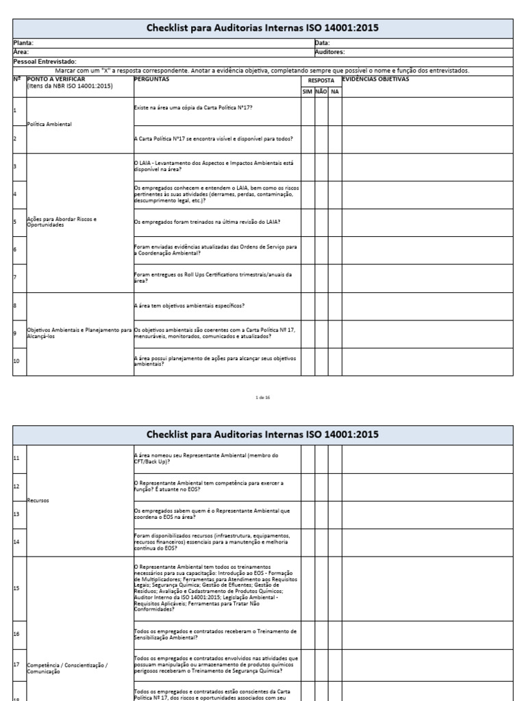 Check List Auditoria Interna ISO 14001 | Download grátis PDF ...