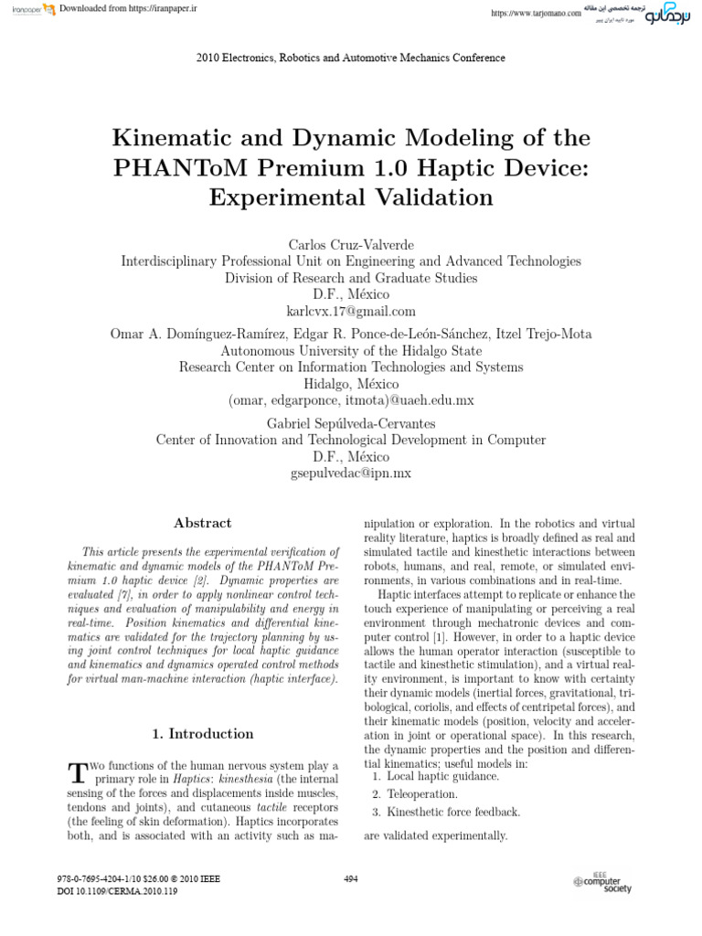 Kinematic and Dynamic Modeling of The Phantom Premium 1.0 Haptic Device: Experimental Validation ...