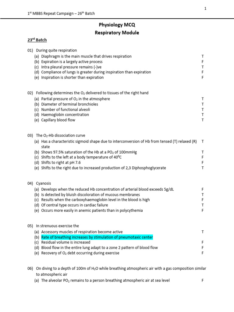 Physiology MCQ - Respiratory | PDF | Respiratory System | Breathing