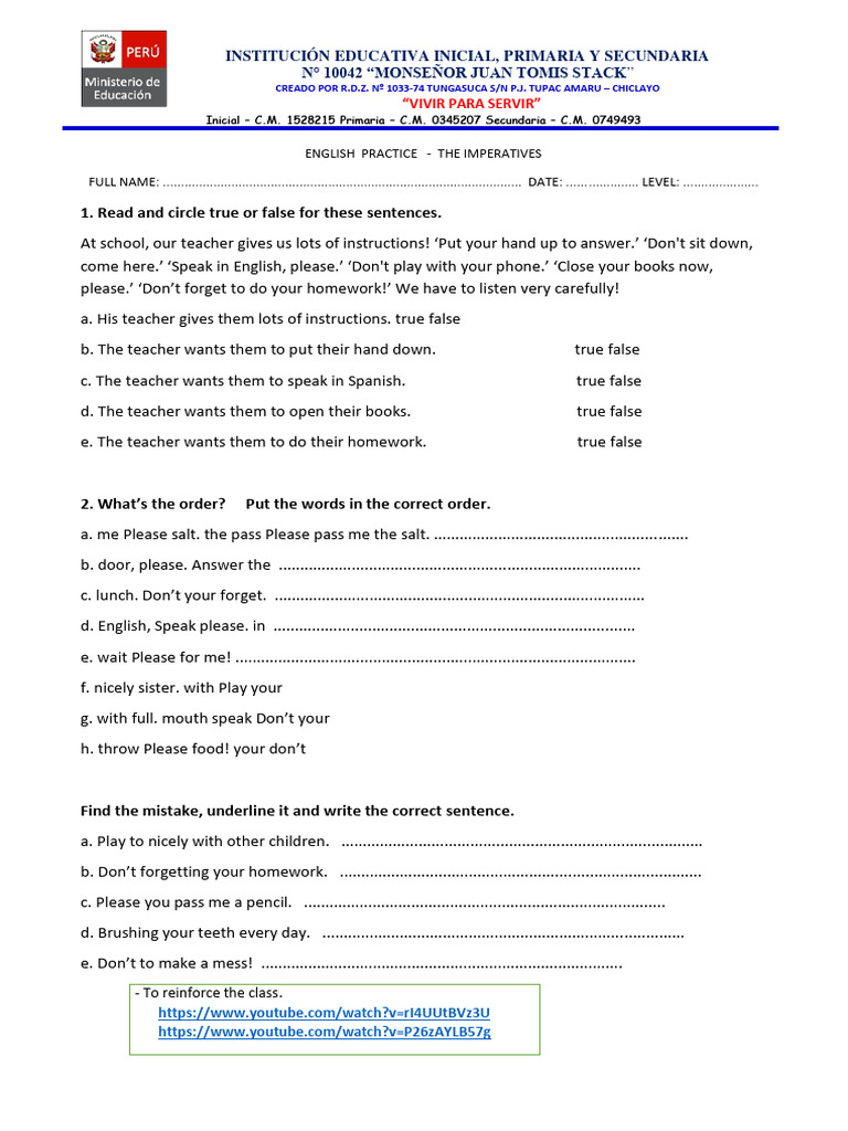 ENGLISH PRACTICE - Imperatives | PDF