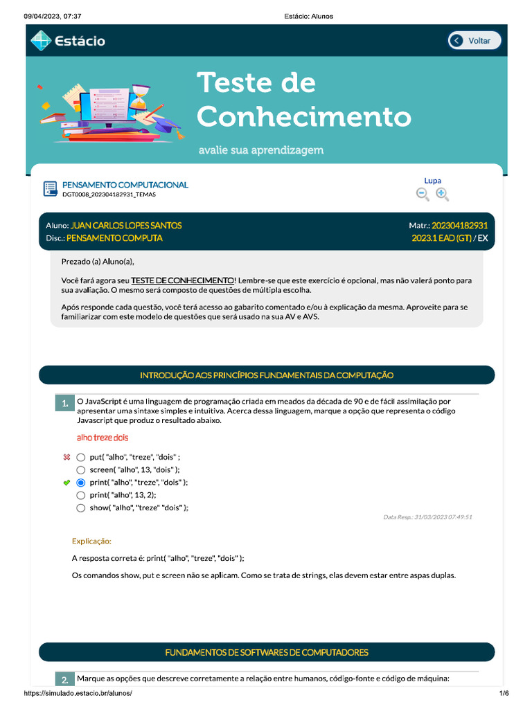 PENSAMENTO COMPUTACIONAL - TESTE DE CONHECIMENTO | PDF