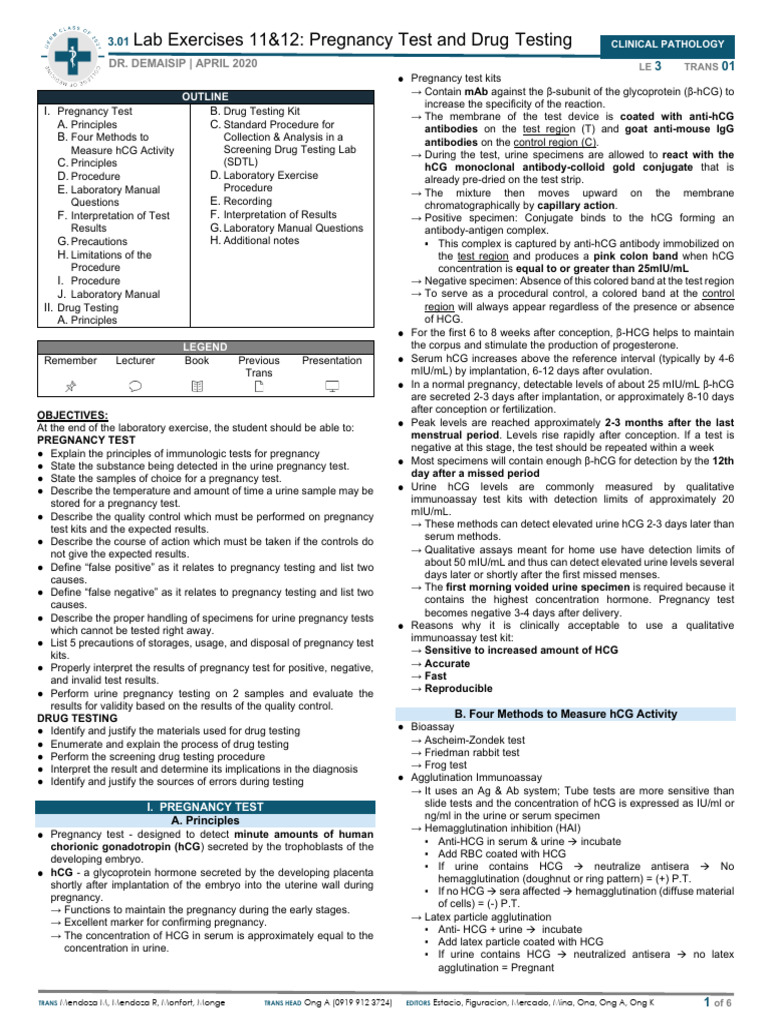 (CLIN) LAB 3.01 Pregnancy Test and Drug Testing - Dr. Demaisip Ver2 ...