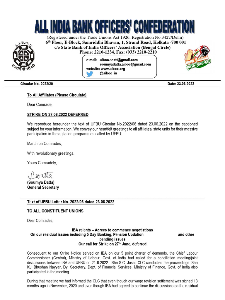 20 - 2022 - Aiboc - R - UFBU - Strike Deferred | PDF | Government