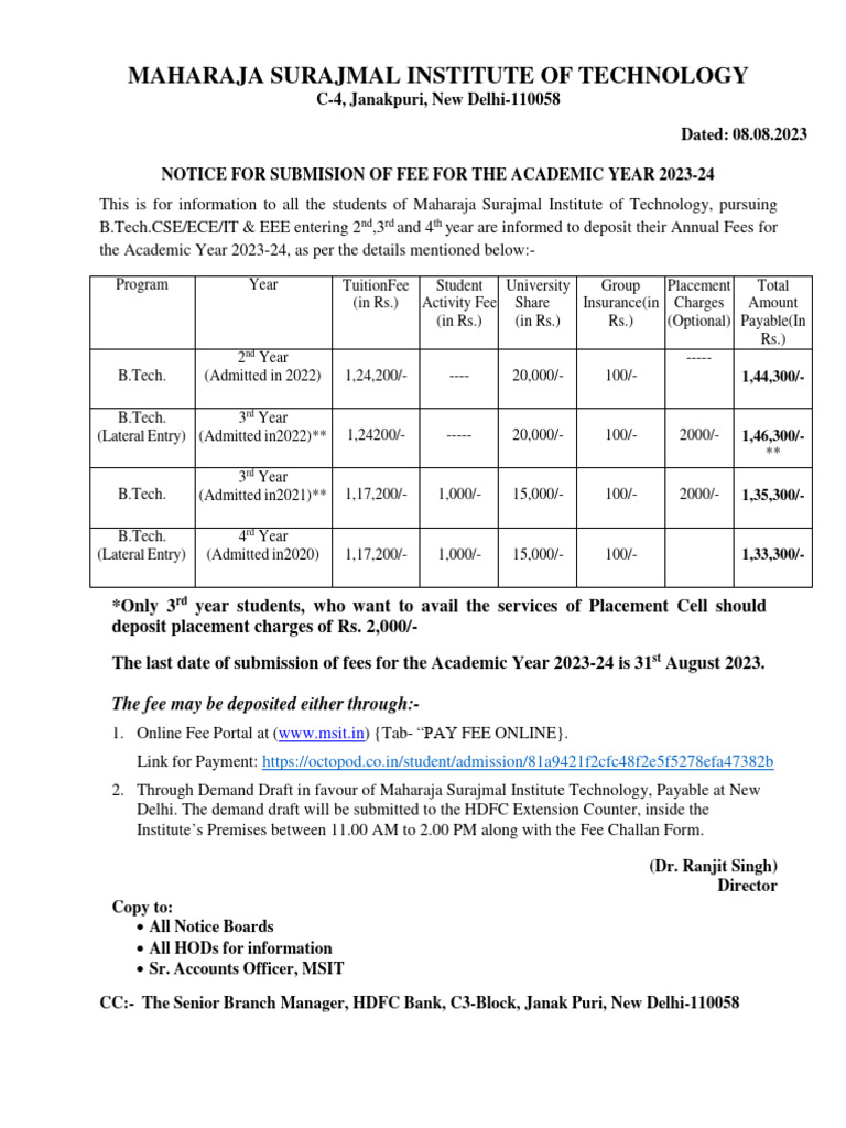 Notice For Submission of Fee For The Academic Year 2023 24 TVRGFGK ...