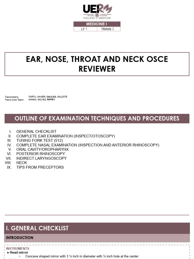 (MED) OSCE 1.02 ENT (Final V.1) | PDF | Human Nose | Anatomy