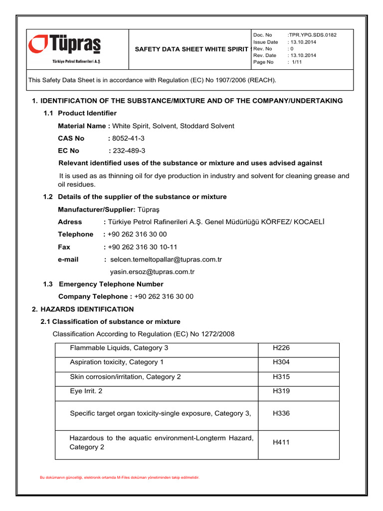 Safety Data Sheet White Spirit | PDF | Toxicity | Dangerous Goods