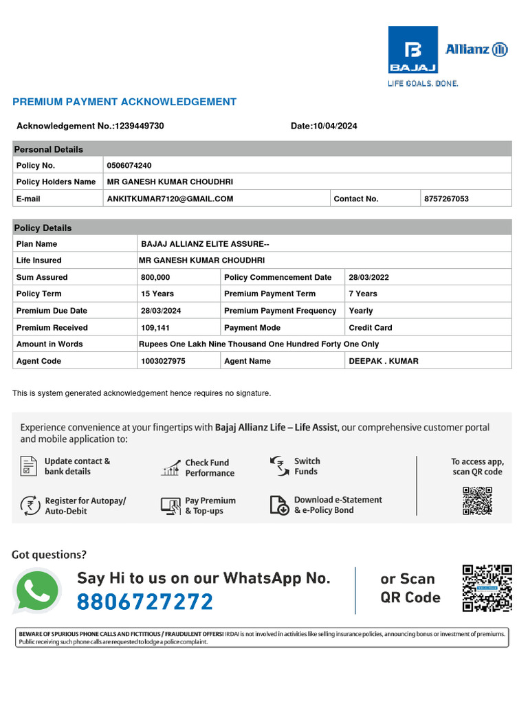 Premium Payment Acknowledgement | PDF